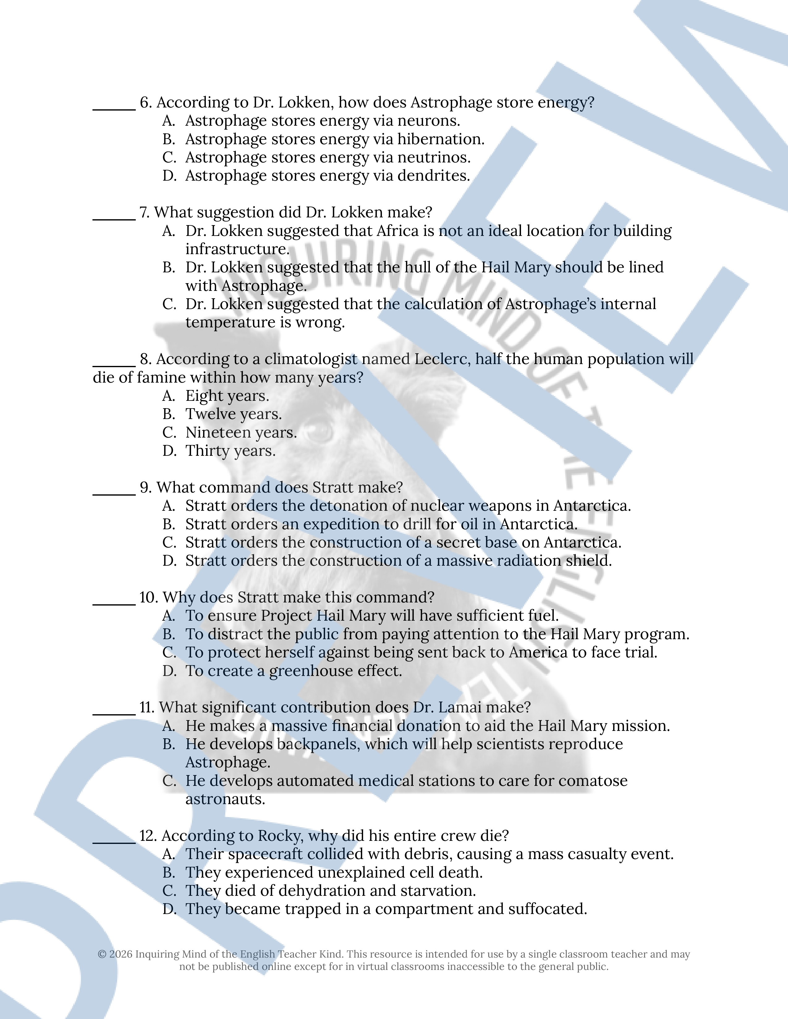 Project Hail Mary Chapters 13, 14, and 15 Quiz and Answer Key | Science ...