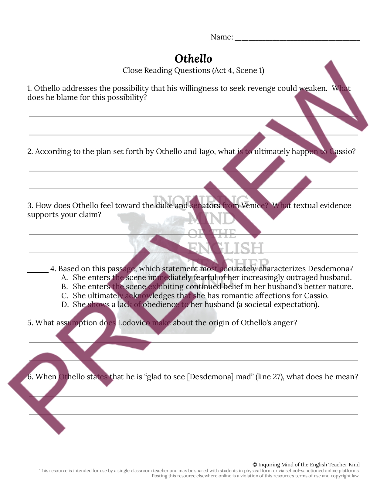 Othello Act 4 Scene 1 Close Reading Worksheet | Teaching Resources