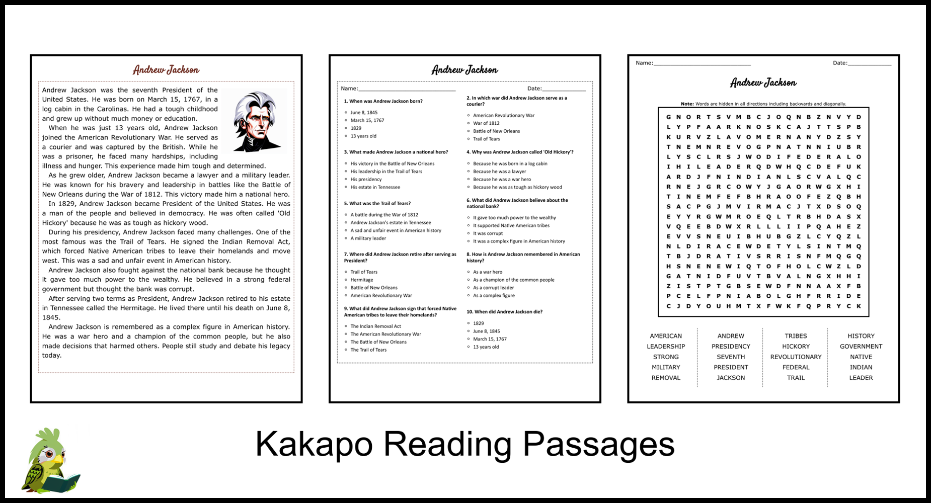 Andrew Jackson Reading Comprehension and Word Search | Teaching Resources