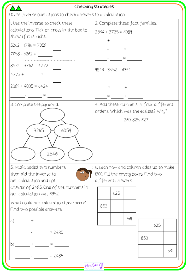 Checking Strategies Worksheets Year 4 Addition And Subtraction 