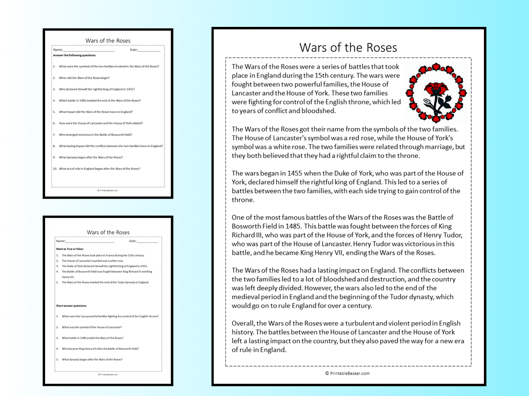 Wars of the Roses Reading Comprehension Passage Printable Worksheet ...