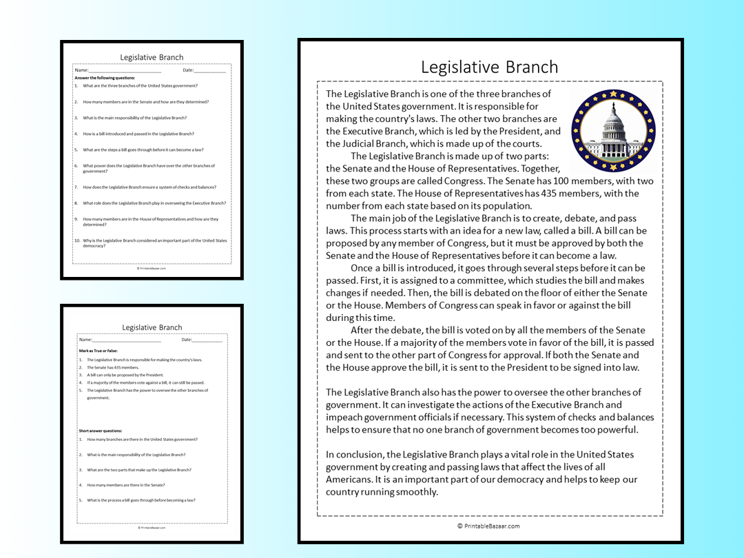 Legislative Branch Reading Comprehension Passage Printable Worksheet ...