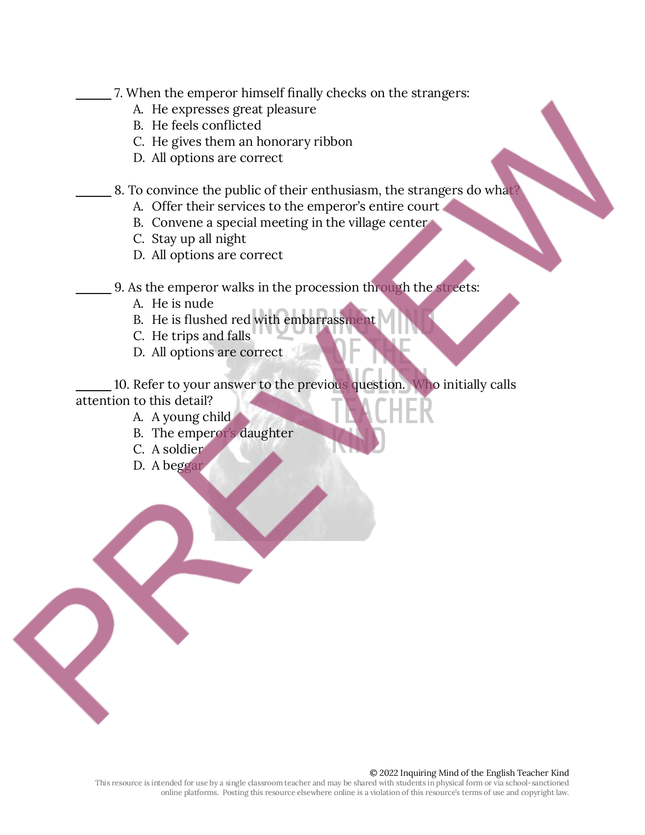 “The Emperor’s New Clothes” by Hans Christian Andersen Quiz and Answer ...