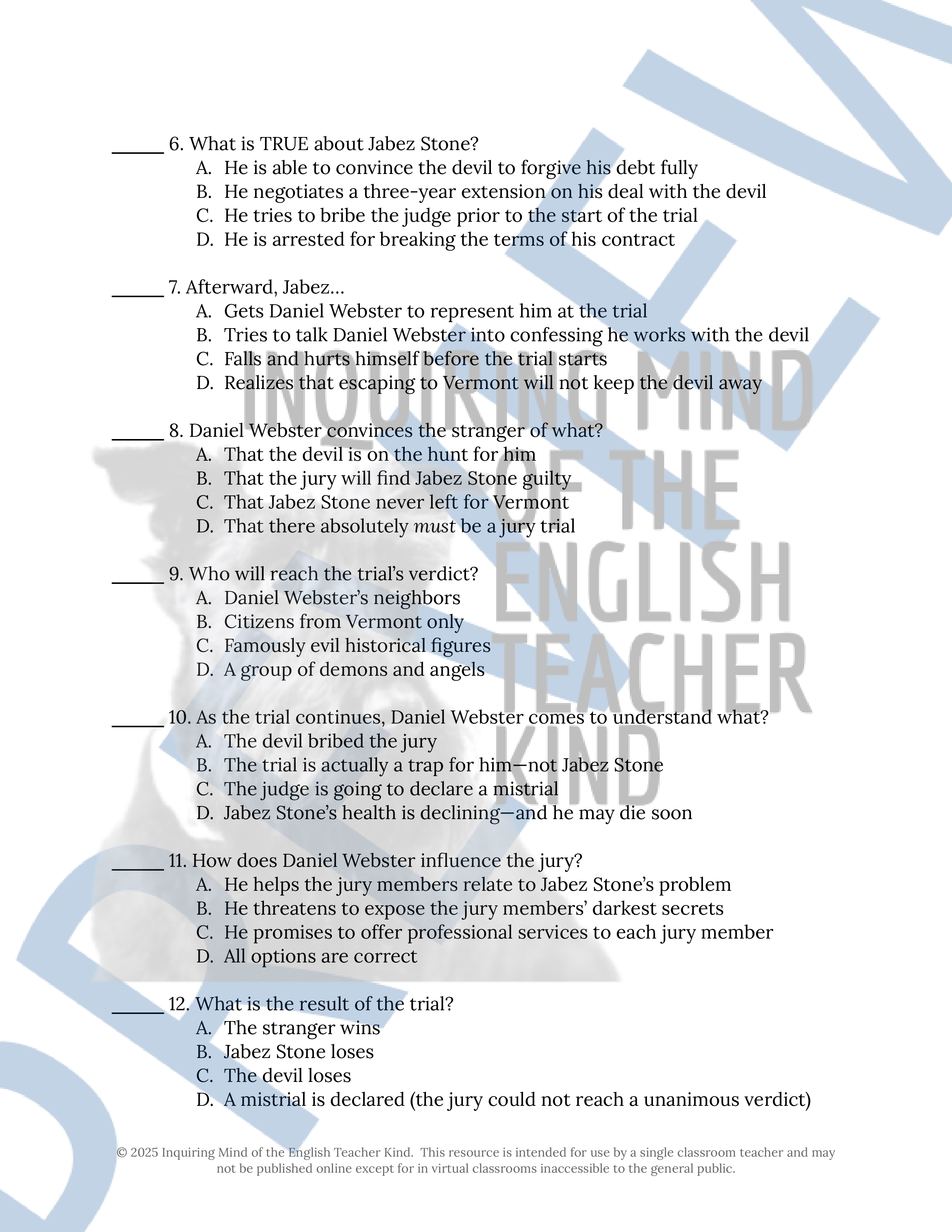 "The Devil and Daniel Webster" Quiz and Answer Key (Short Story for ...