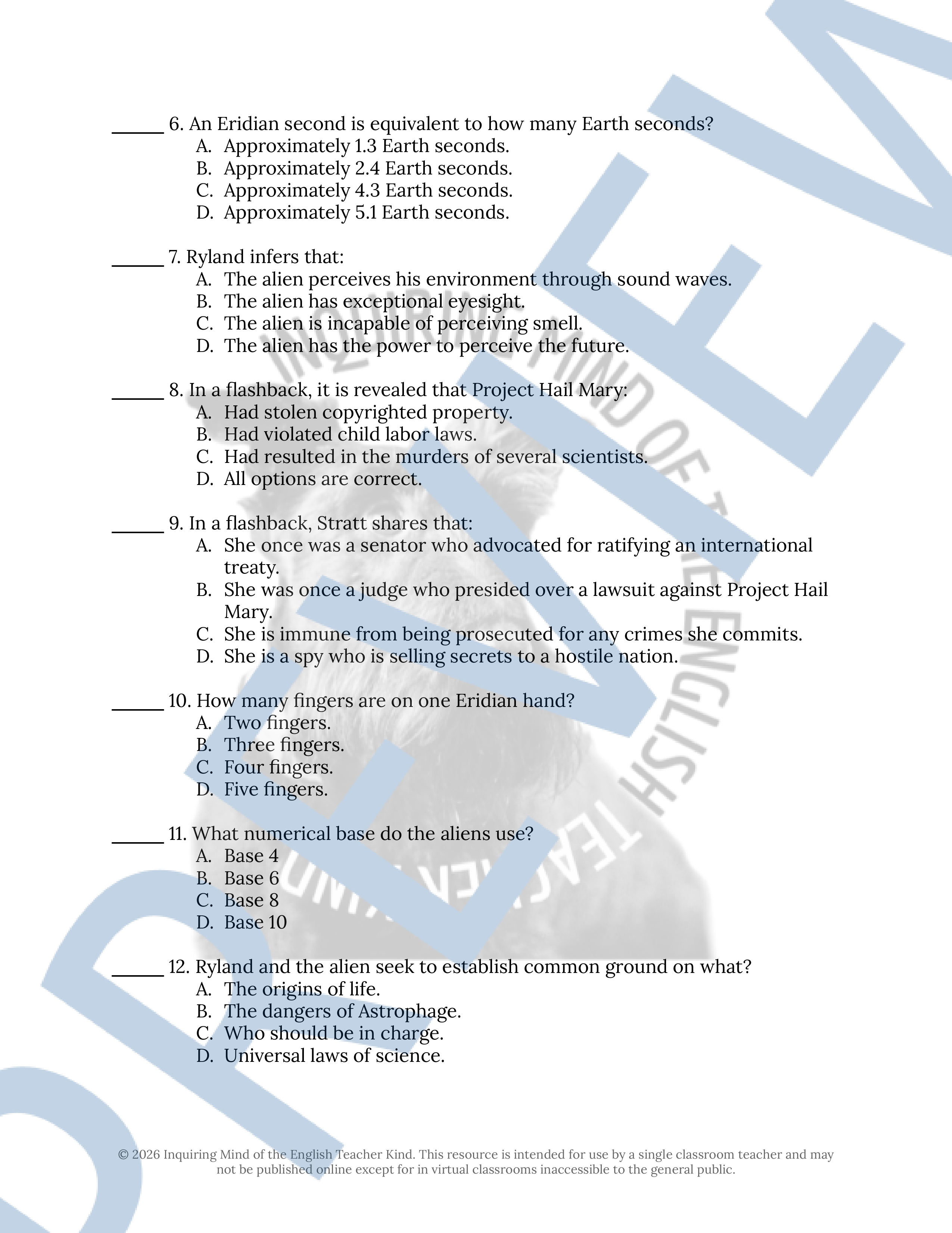 Project Hail Mary Chapters 10, 11, and 12 Quiz and Answer Key | Science ...