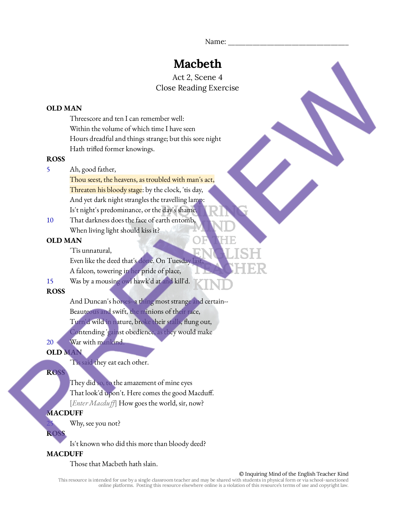 Macbeth Act 2 Scene 4 Close Reading Worksheet | Teaching Resources