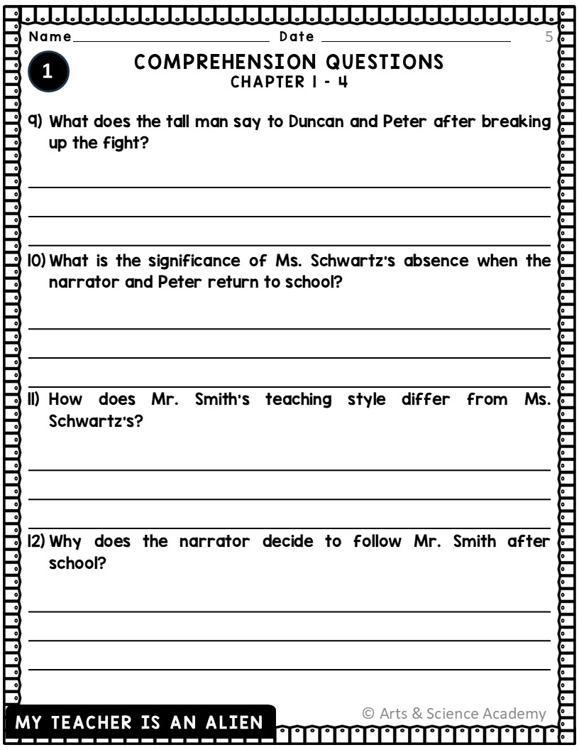 MY TEACHER IS AN ALIEN Novel Study Comprehension, Critical Thinking ...