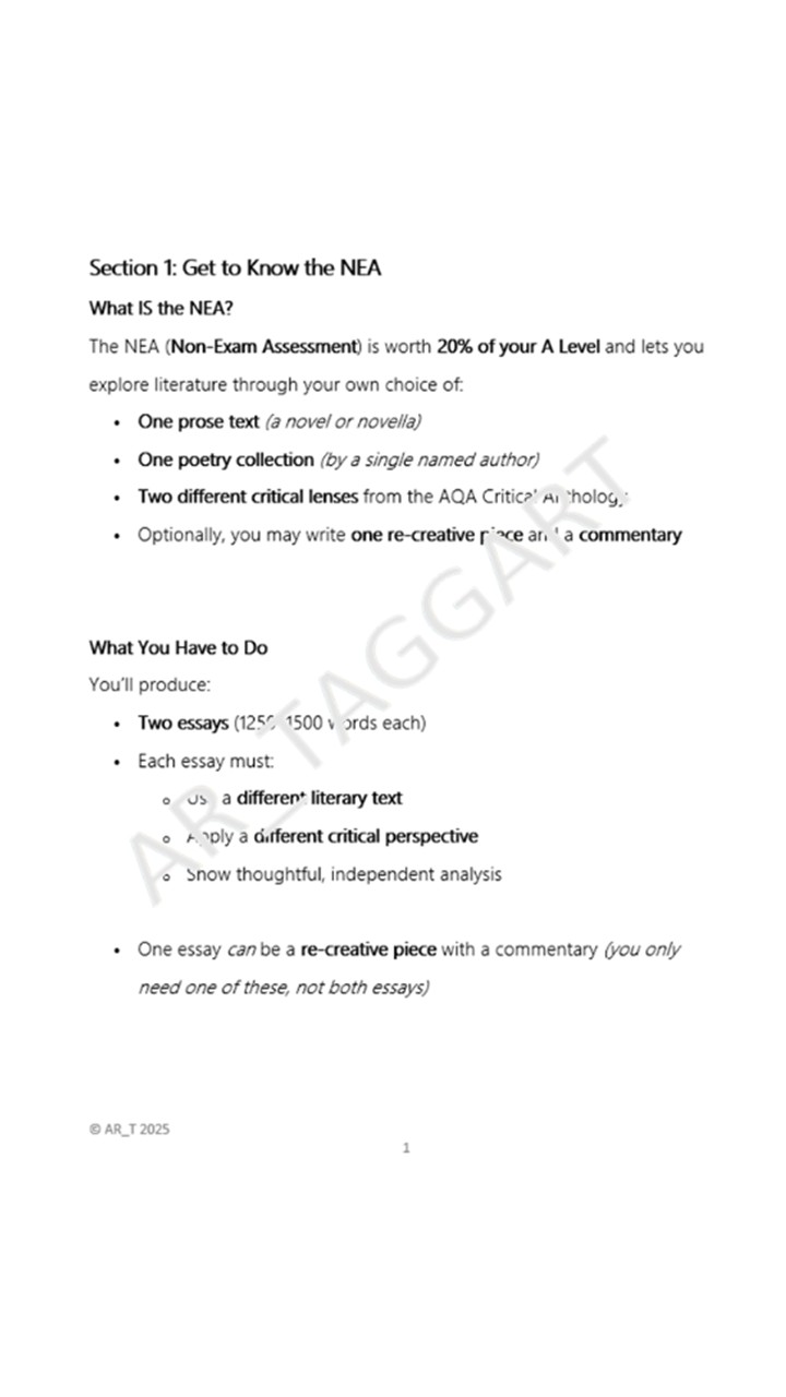 AQA A LEVEL NEA | WORKBOOK+ PLAN | LIT B | Teaching Resources