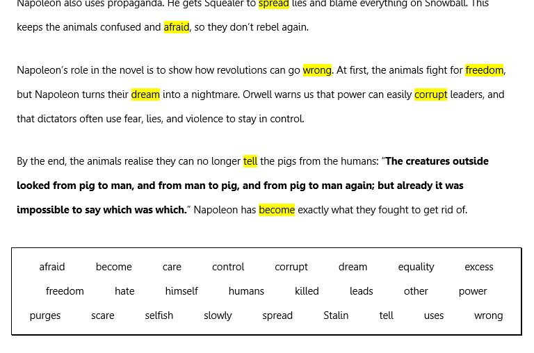 Animal Farm: Napoleon character analysis cloze, differentiated x4 ...