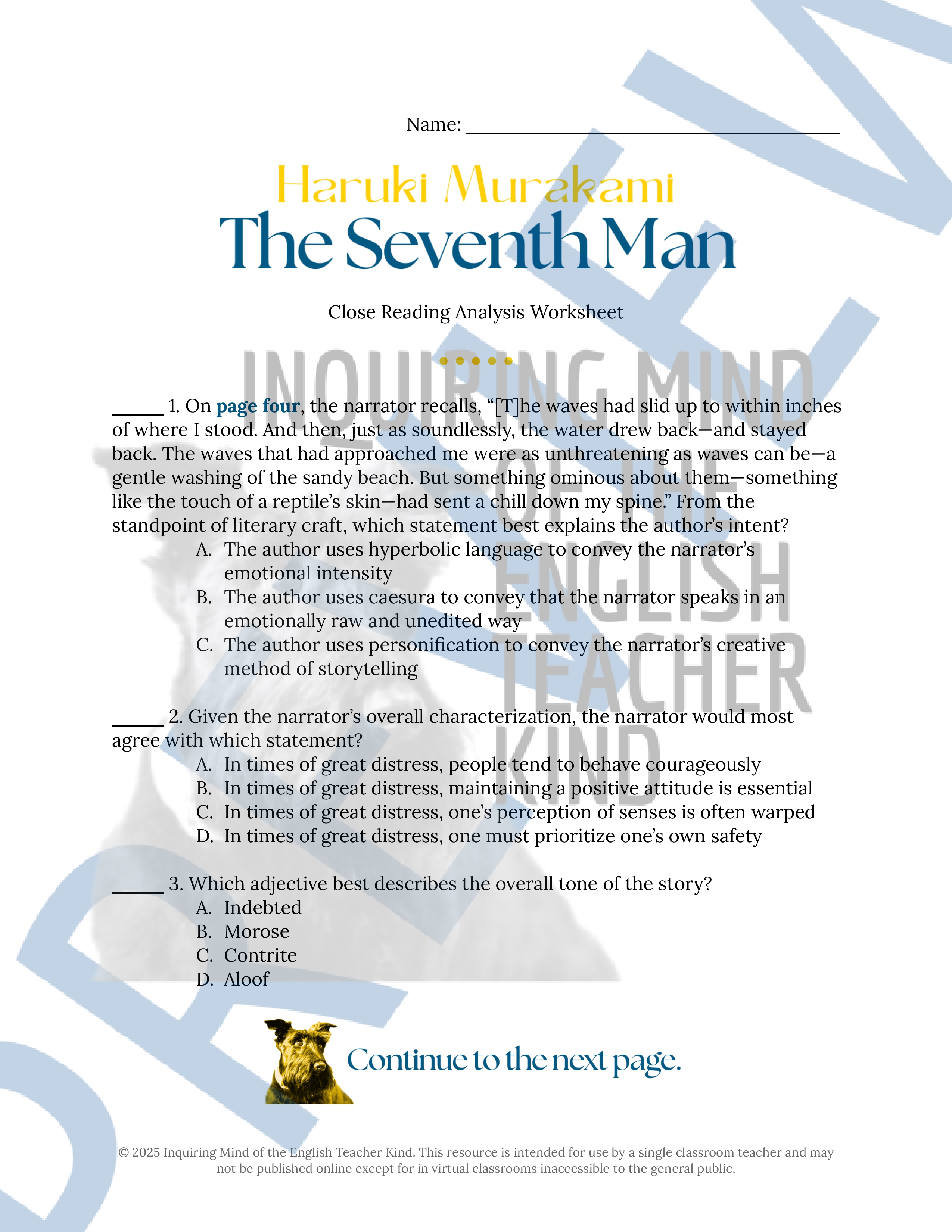 "The Seventh Man" by Haruki Murakami Literary Analysis Worksheet | ELA ...