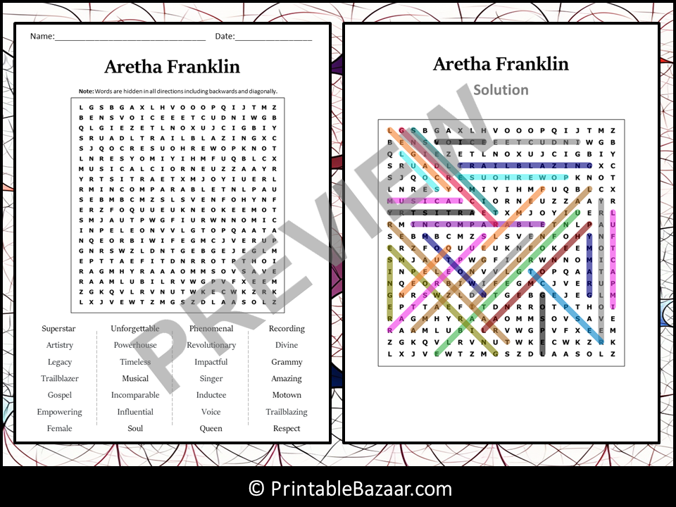 Aretha Franklin Word Search Puzzle Worksheet Activity | Teaching Resources