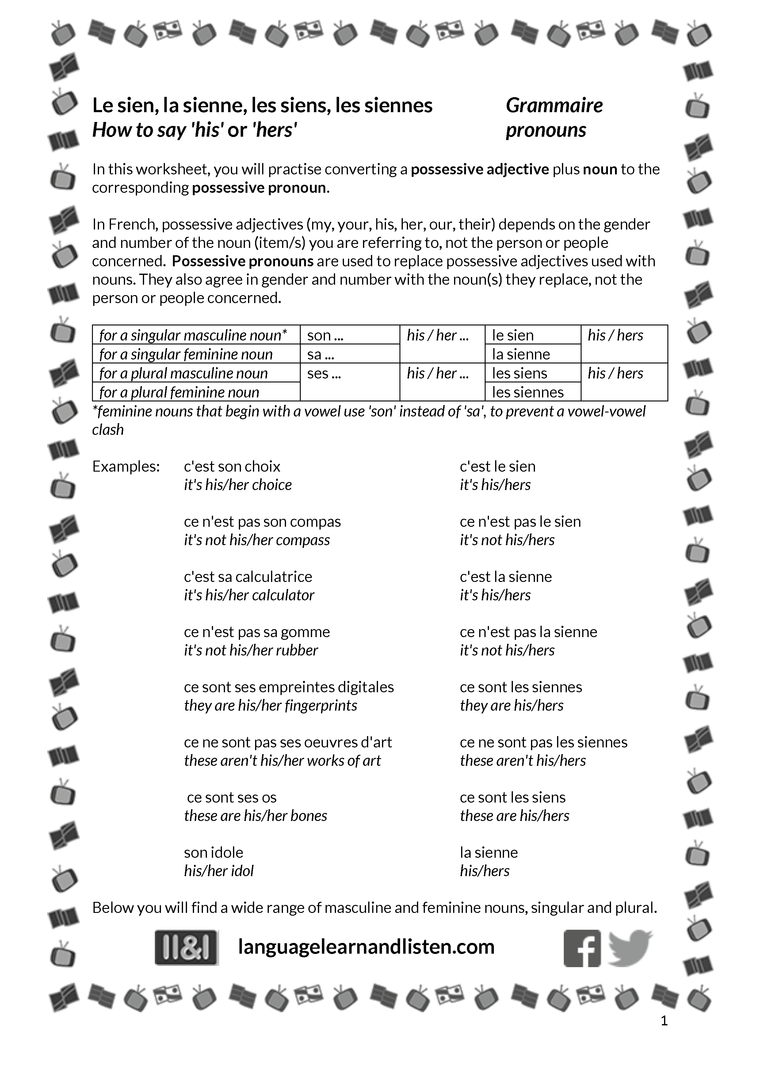 French - possessive pronouns - Le sien, la sienne, les siens, les ...