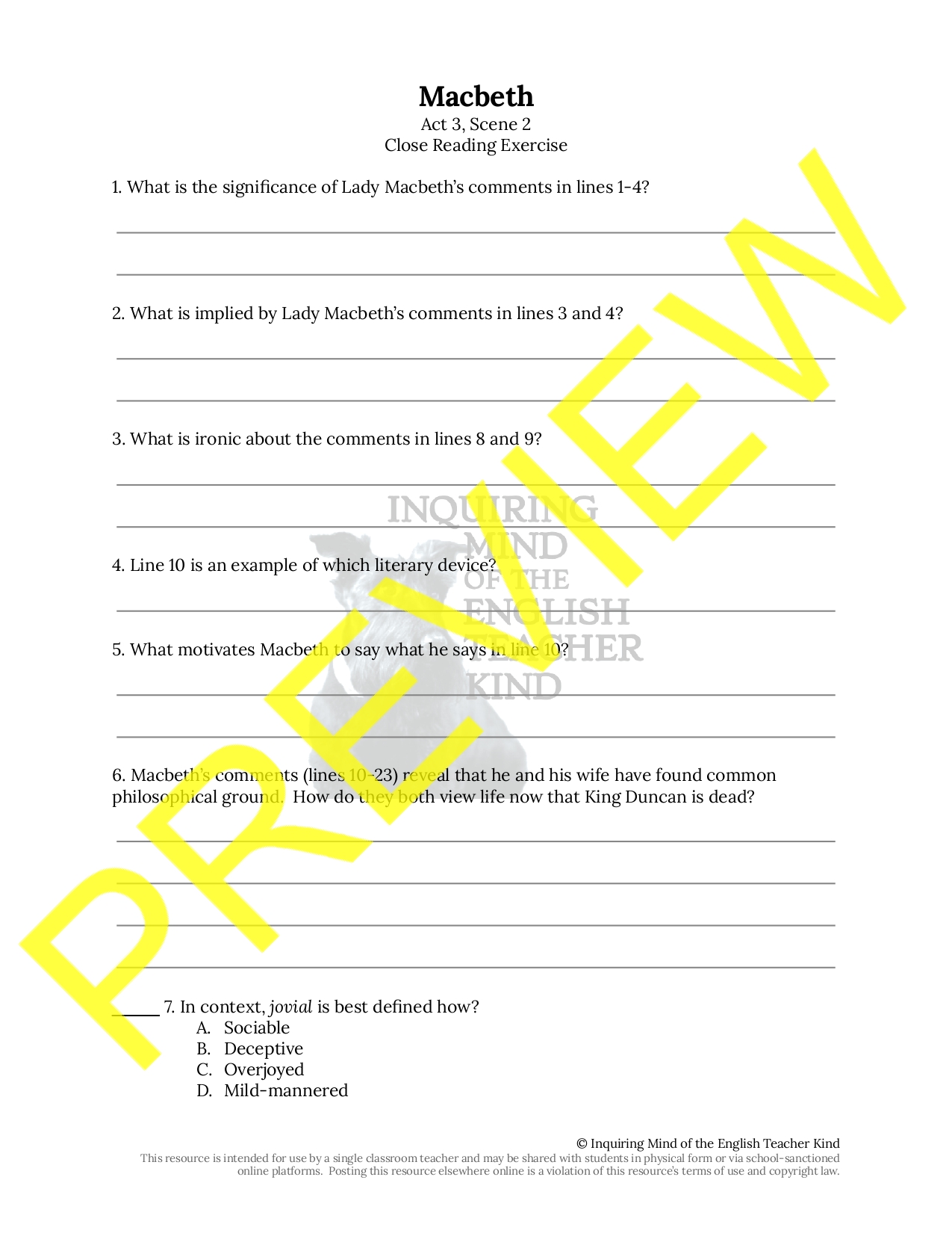 Macbeth Act 3 Scene 2 Close Reading Worksheet | Teaching Resources