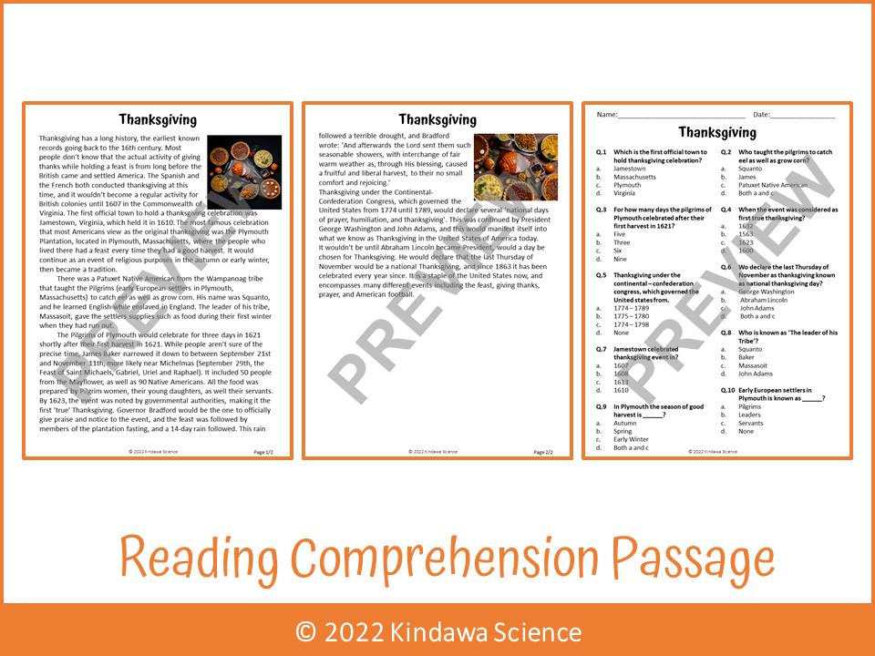 Thanksgiving Reading Comprehension Passage and Questions - PDF ...