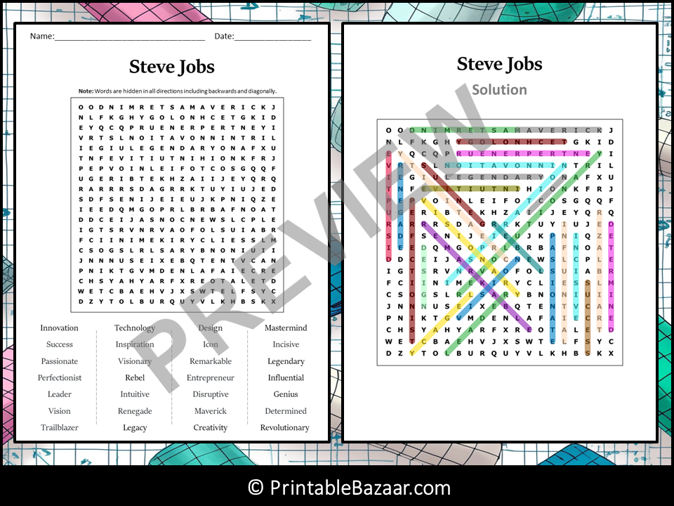 Steve Jobs Word Search Puzzle Worksheet Activity | Teaching Resources