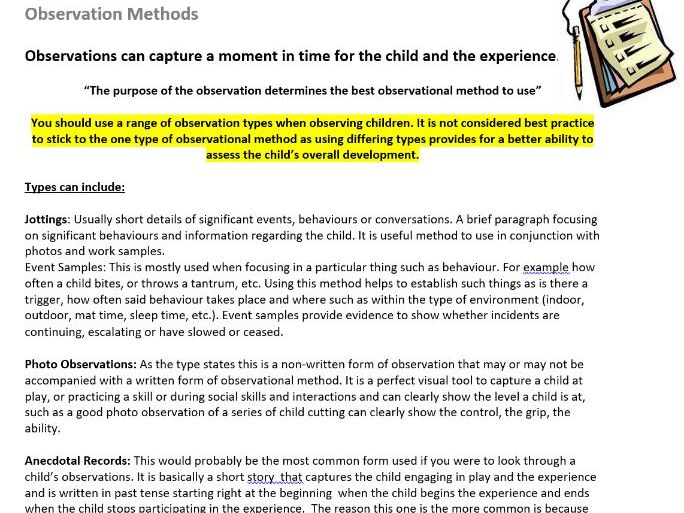 Childcare Observation Methods Worksheet Explanation Childcare