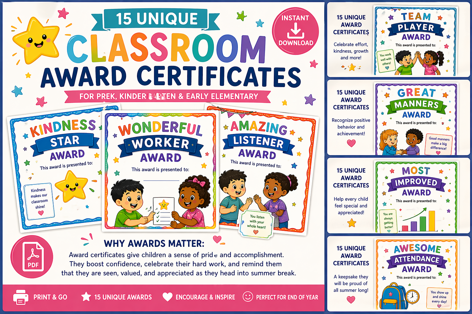 15 End of Year Award Certificates for PreK, K and 1st Grade Printable ...