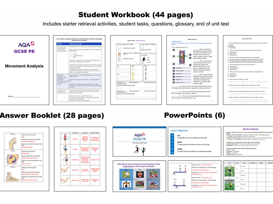 GCSE PE AQA Movement Analysis Workbook, Answer Booklet and PowePoints ...