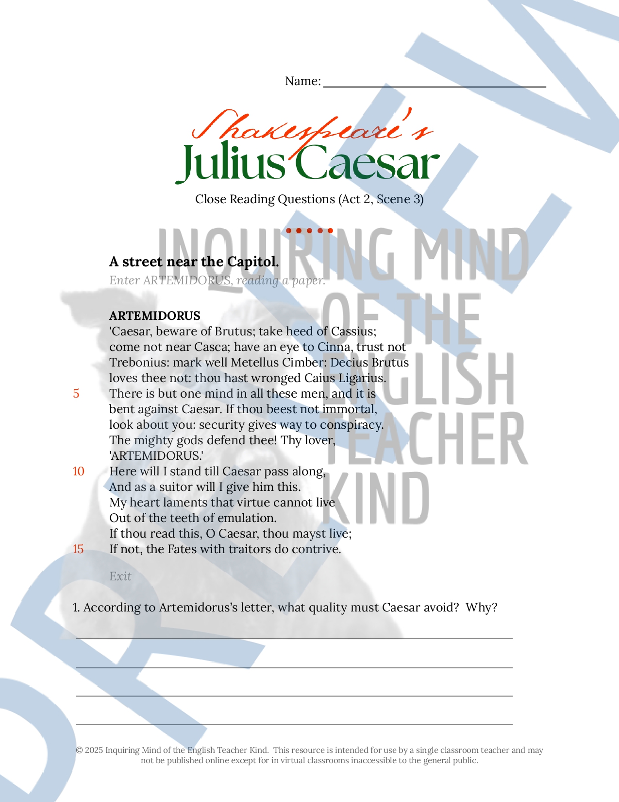 Julius Caesar Act 2 Scene 3 Close Reading Analysis Worksheet and Answer ...