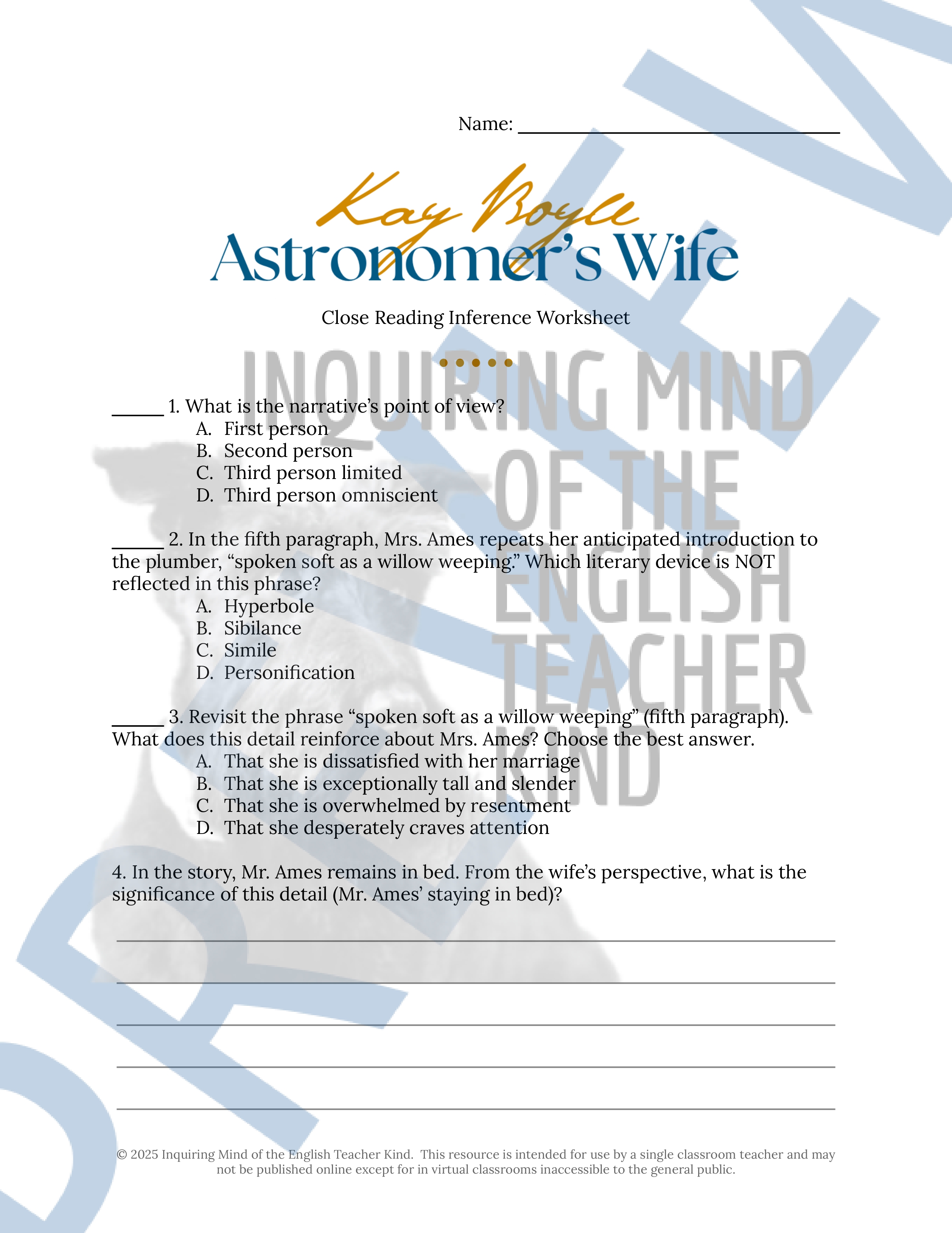 "Astronomer's Wife" by Kay Boyle Close Reading Analysis Worksheet ...