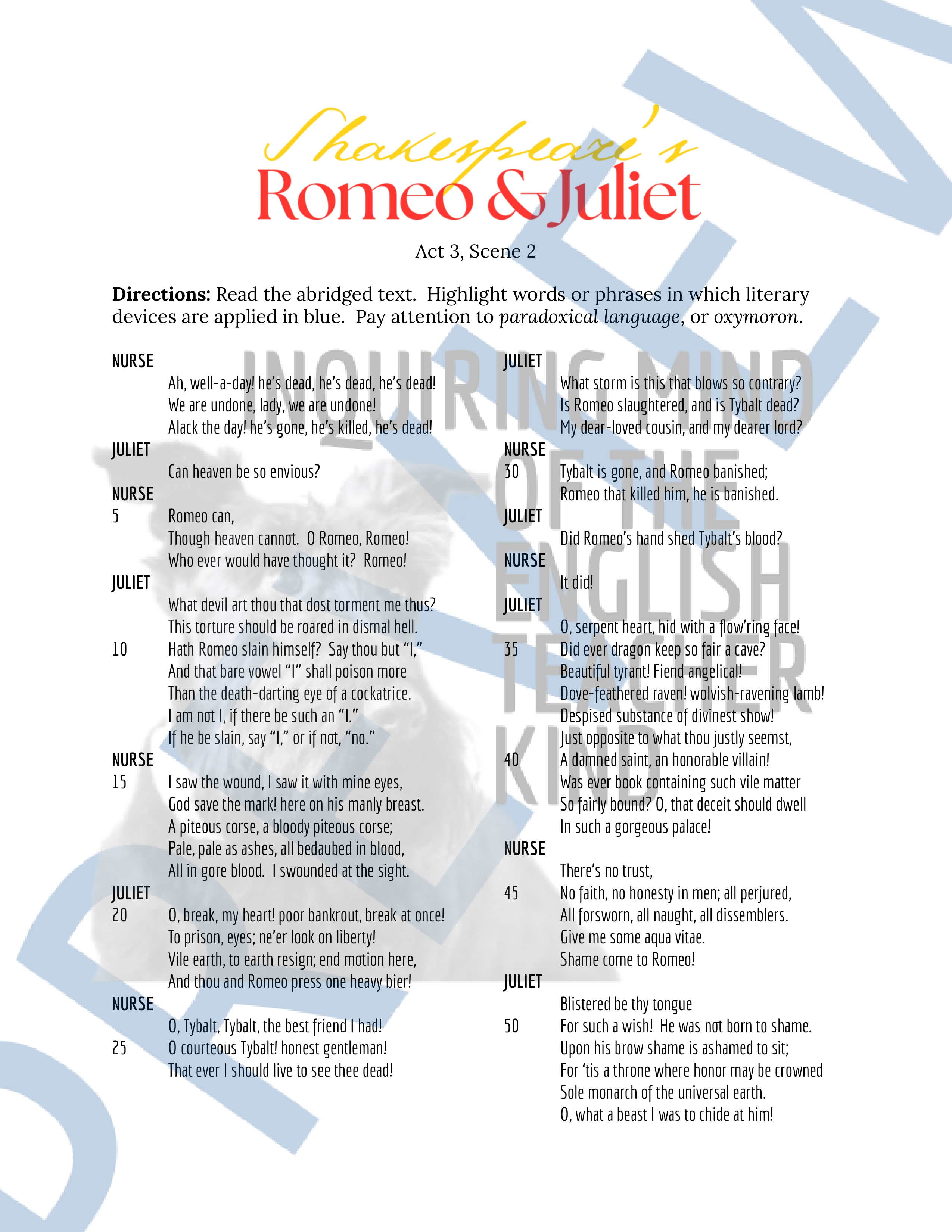 Romeo and Juliet Act 3 Scene 2 Close Reading Worksheet | Teaching Resources