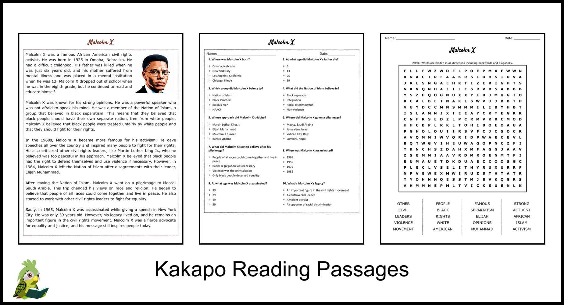Malcolm X Reading Comprehension and Word Search | Teaching Resources