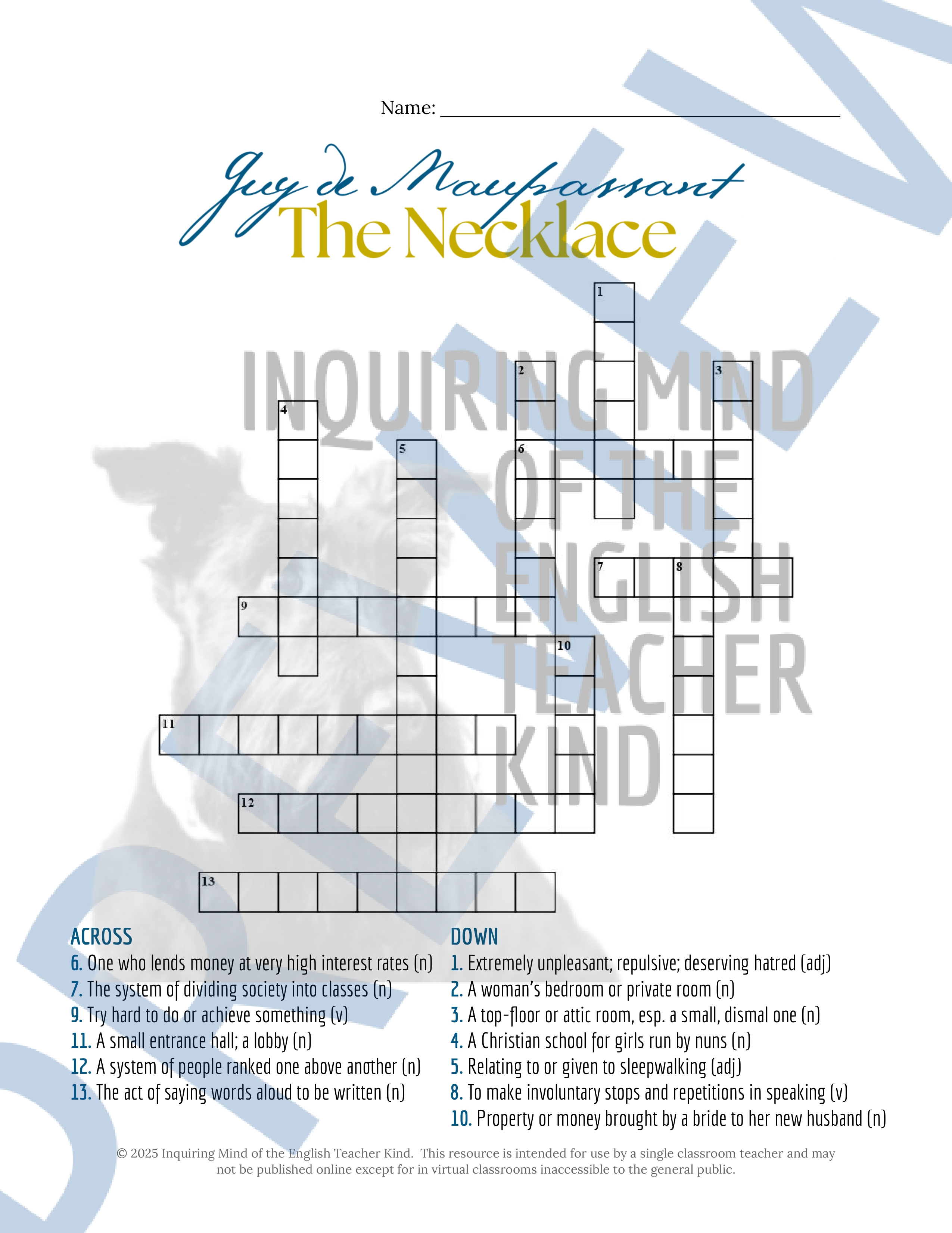 "The Necklace" by Guy de Maupassant Vocabulary Games | Teaching Resources