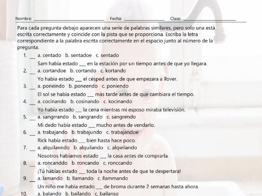 Past Perfect Continuous Tense Spelling Challenge Spanish Worksheet ...