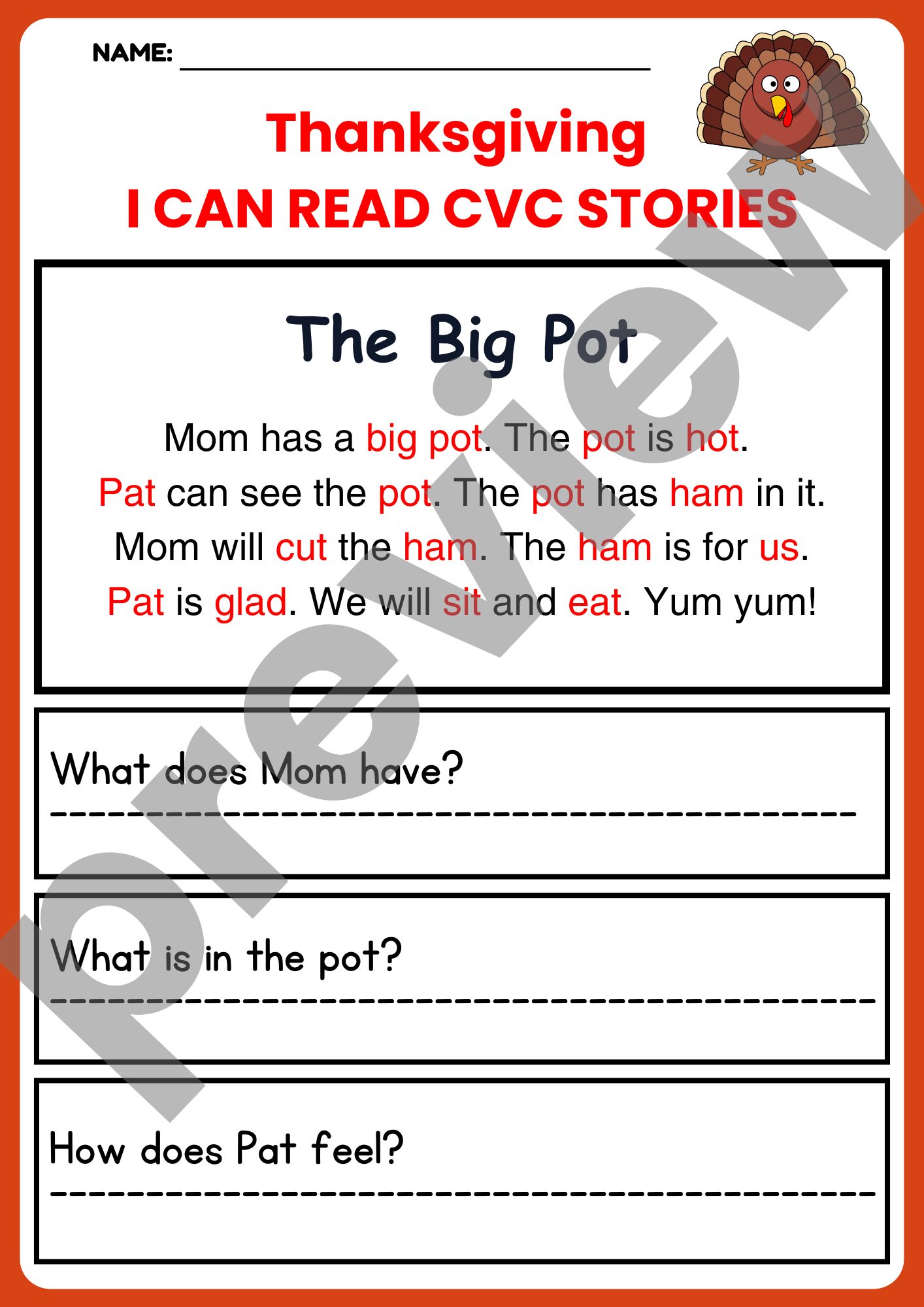 Thanksgiving CVC Decodable Short Stories worksheets with Comprehension ...