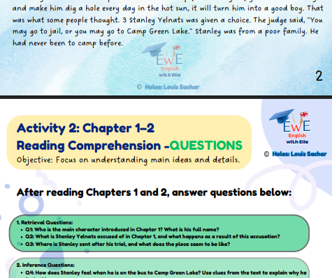 Holes by Louis Sachar - 6 Worksheets/Activities-Early chapters -Guided ...