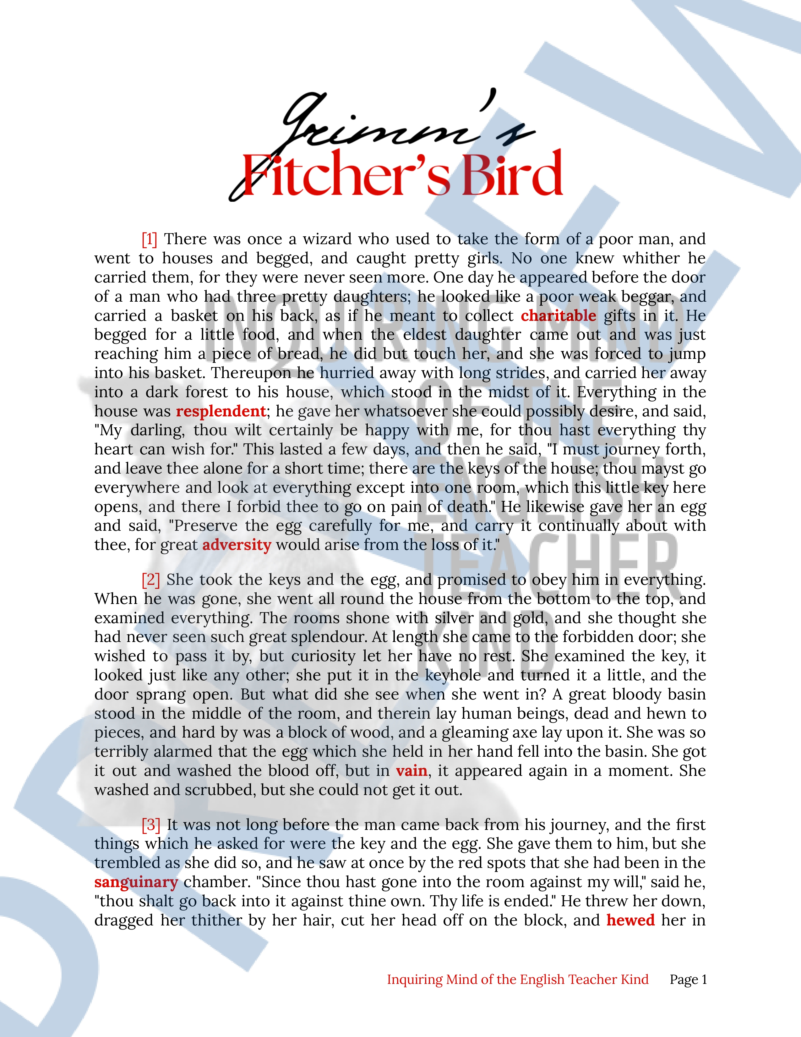 "Fitcher's Bird" Quiz and Answer Key | Brothers Grimm Fairy Tale ...
