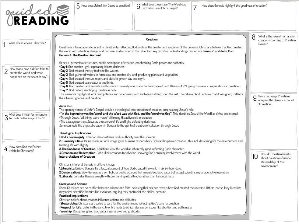 Christian Beliefs: Creation Guided Reading | Teaching Resources