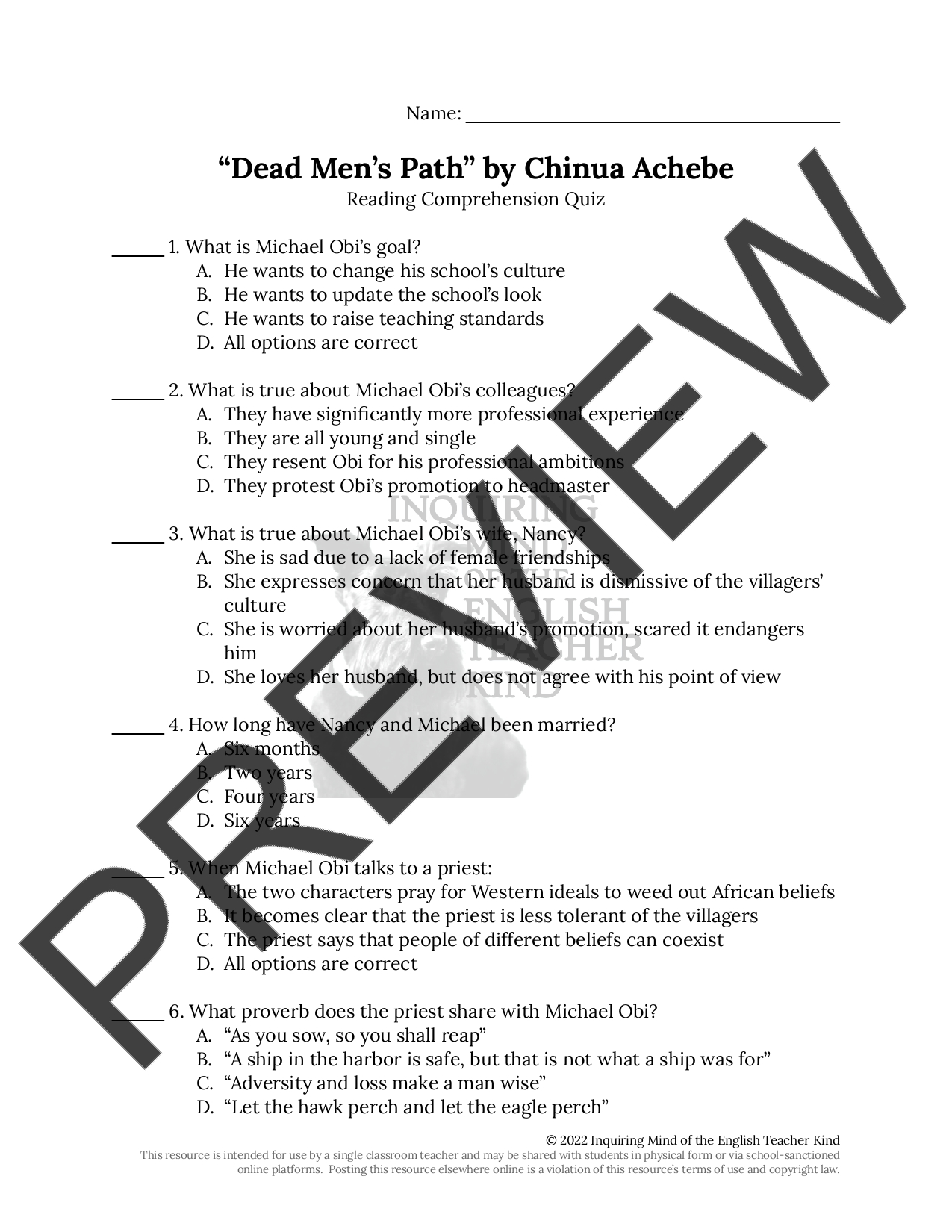“Dead Men’s Path” by Chinua Achebe Quiz and Answer Key | Teaching Resources