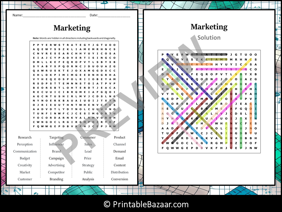 Marketing Word Search Puzzle Worksheet Activity Teaching Resources