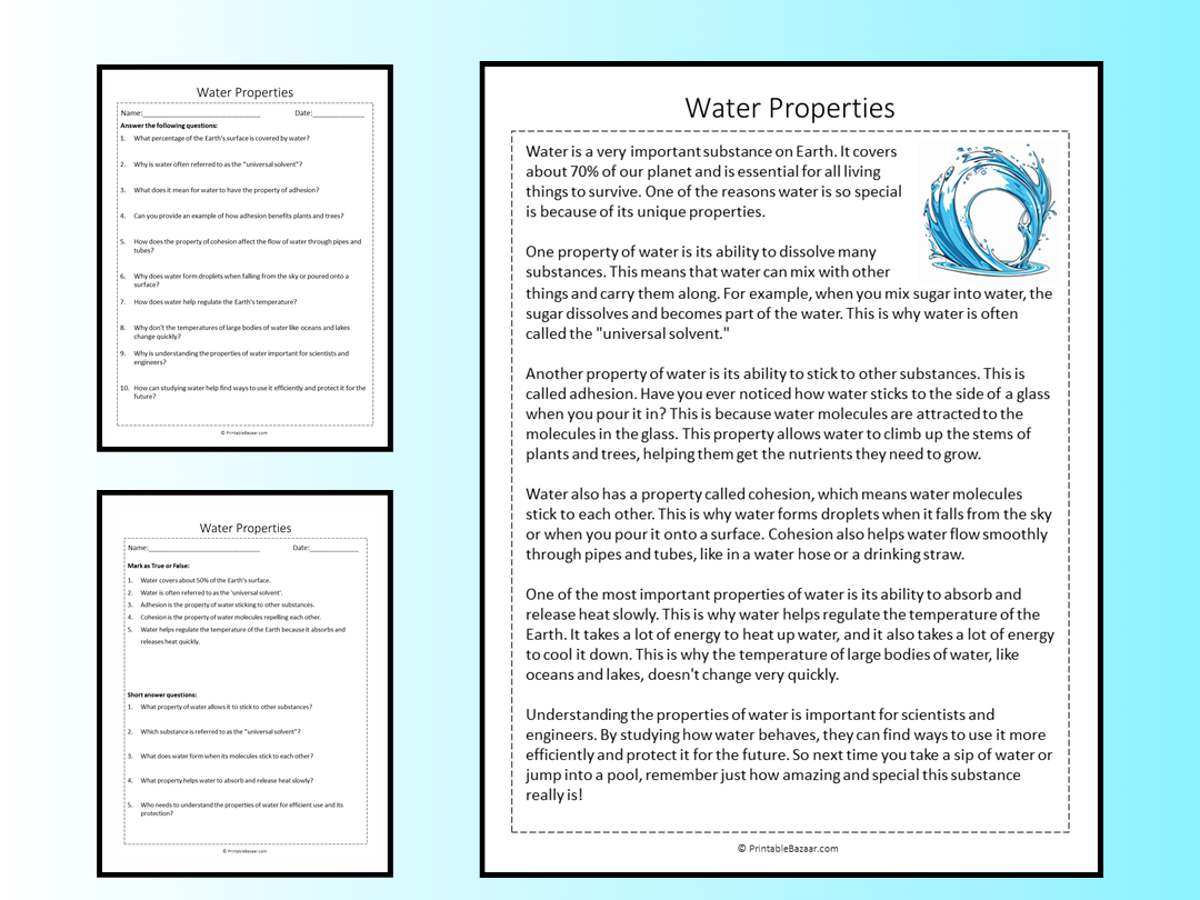 Water Properties Reading Comprehension Passage Printable Worksheet ...
