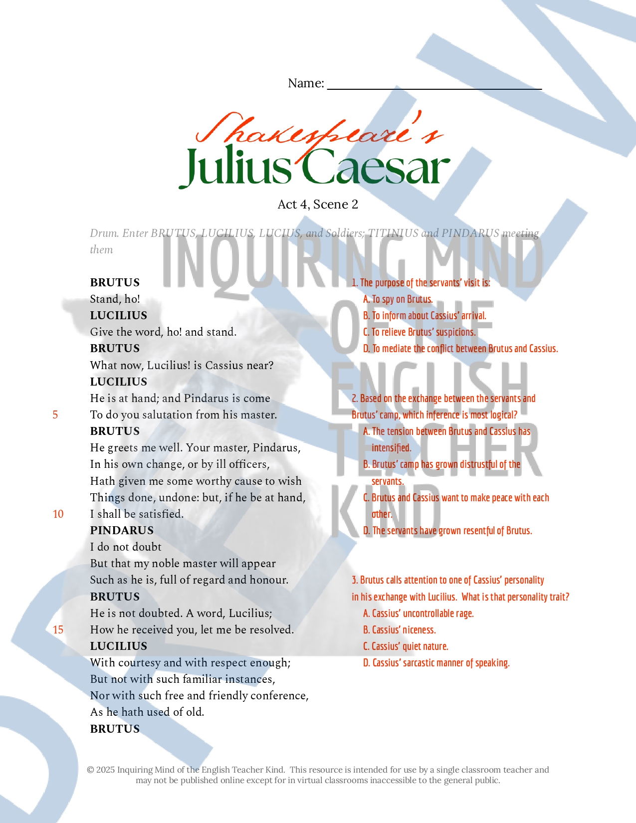 Julius Caesar Act 4 Scene 2 Close Reading Analysis Worksheet and Answer ...