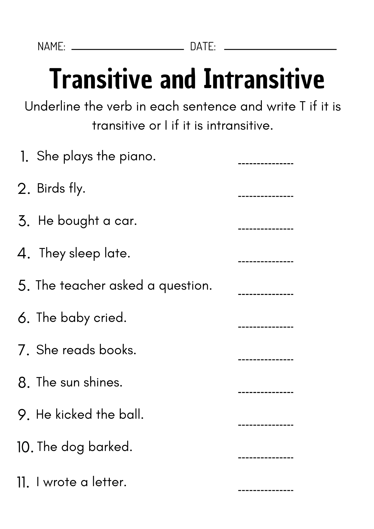 Transitive and Intransitive Verbs Worksheets | Teaching Resources