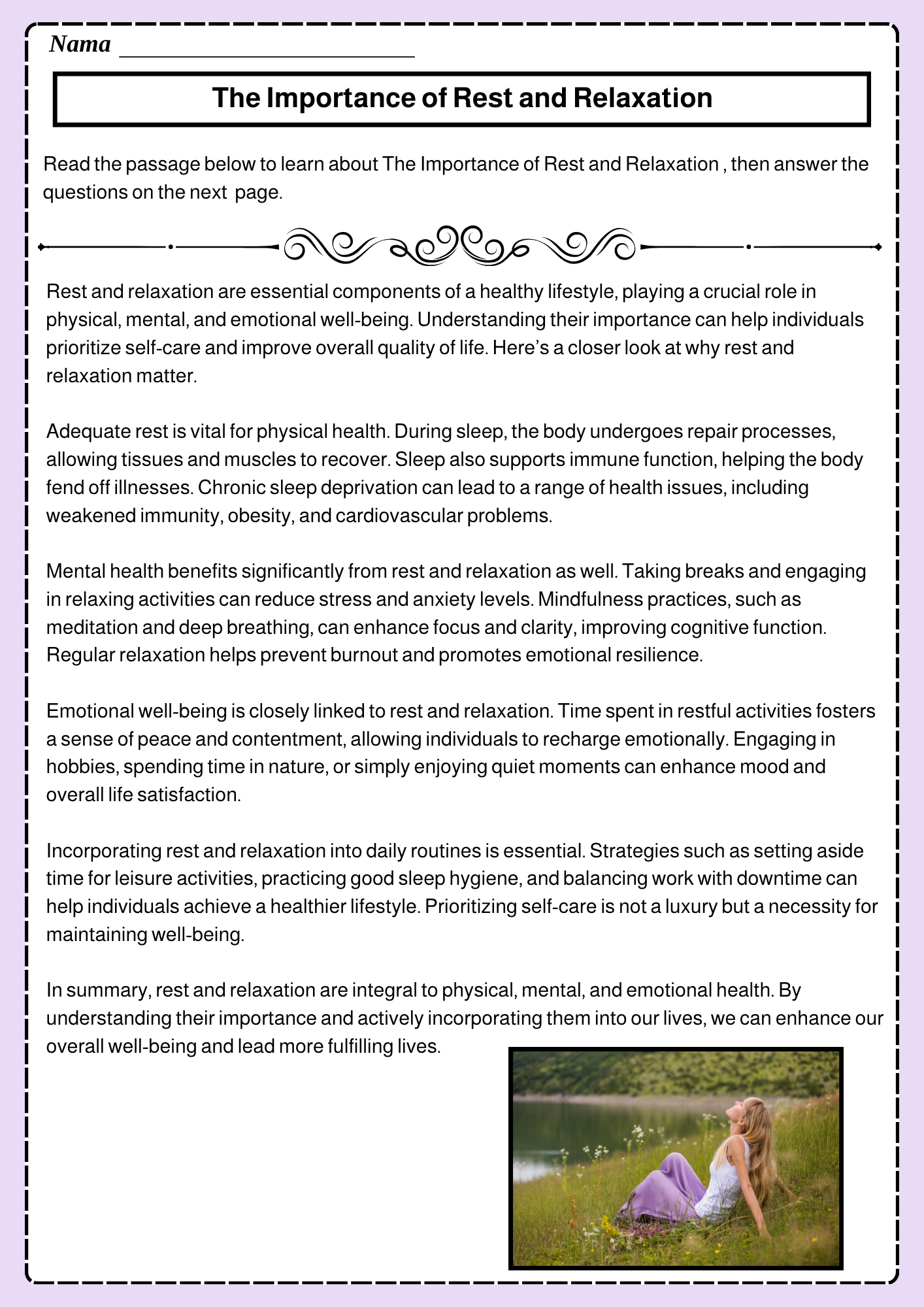 The Importance of Rest and Relaxation Reading Comprehension Passages ...