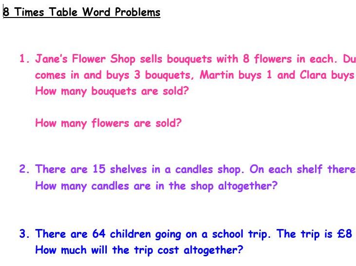8 Times Table Word Problems Teaching Resources