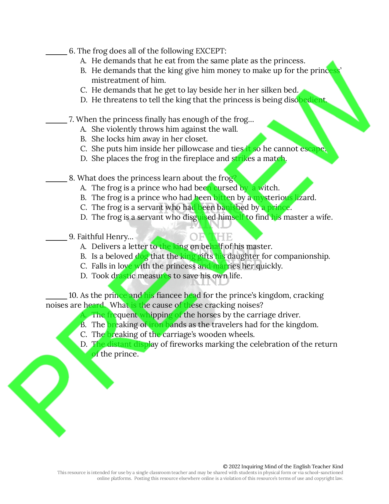 “The Frog King” by the Brothers Grimm Quiz and Answer Key | Teaching ...