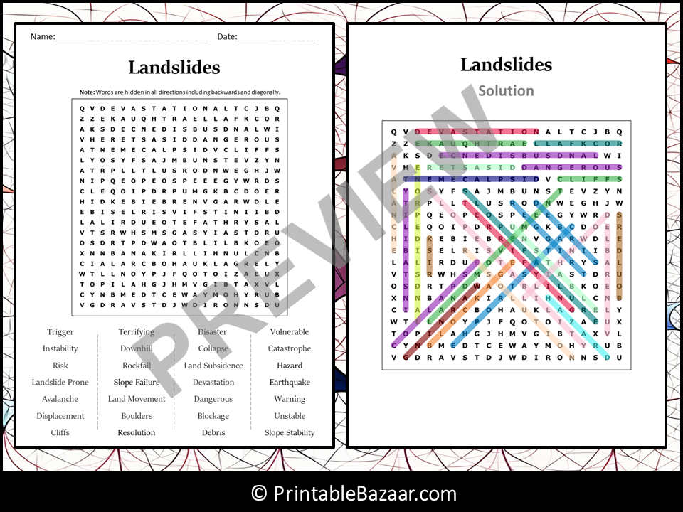 Landslides Word Search Puzzle Worksheet Activity | Teaching Resources