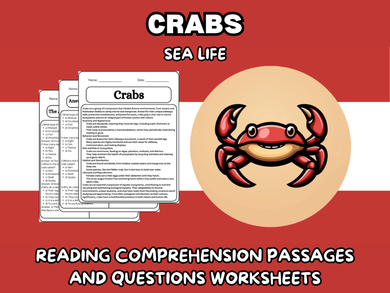 Crabs - Sea Life Reading Comprehension Passages & Questions Worksheets ...