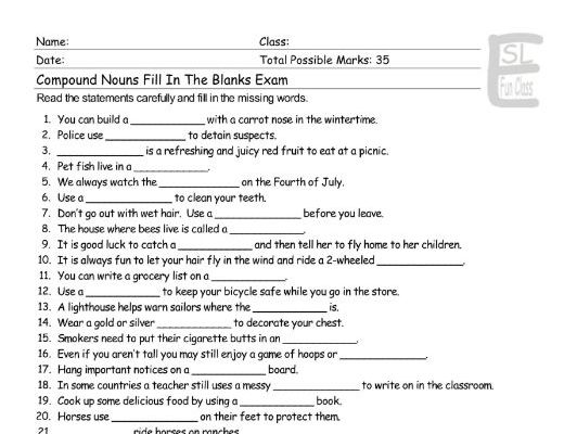 Compound Nouns Fill In The Blanks Exam | Teaching Resources