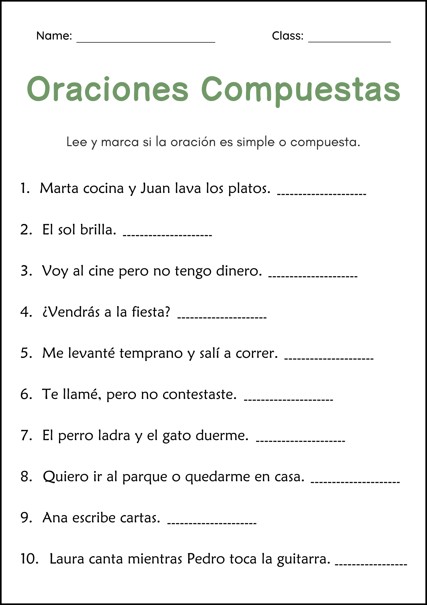 Compound sentences Grammar Worksheets in Spanish - Oraciones Compuestas ...