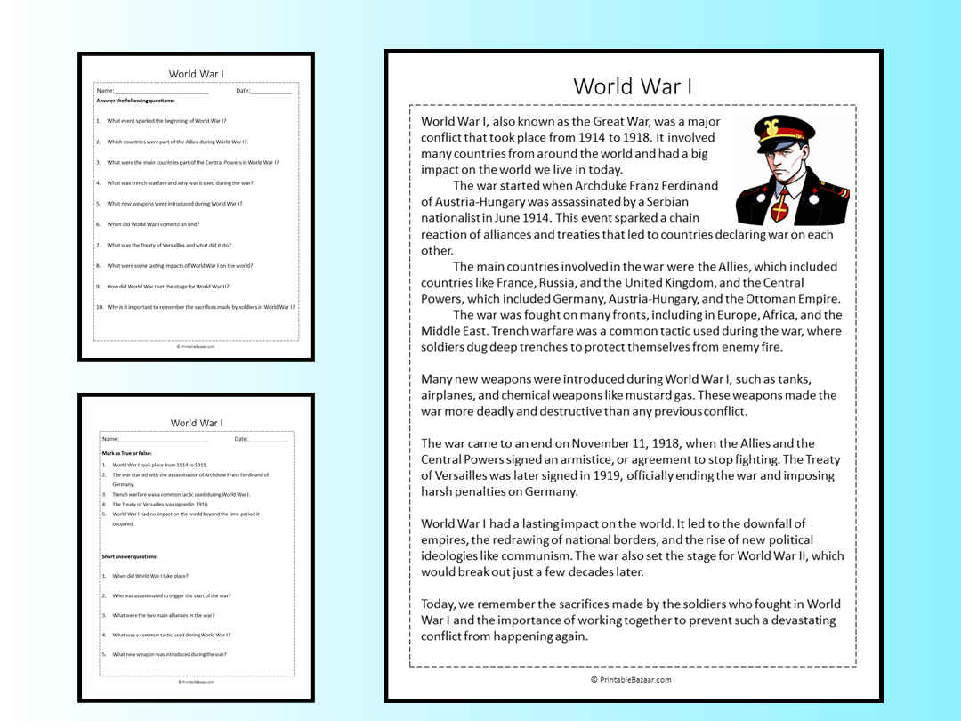 World War I Reading Comprehension Passage Printable Worksheet ...