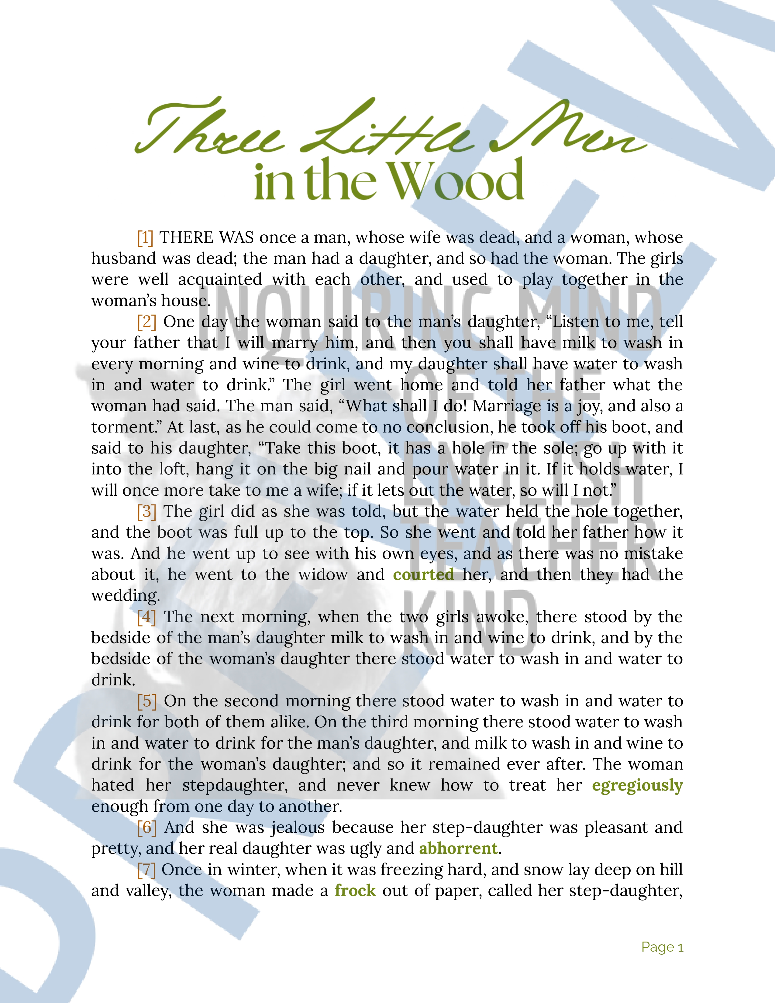 "Three Little Men in the Wood" Quiz and Answer Key | Brothers Grimm ...