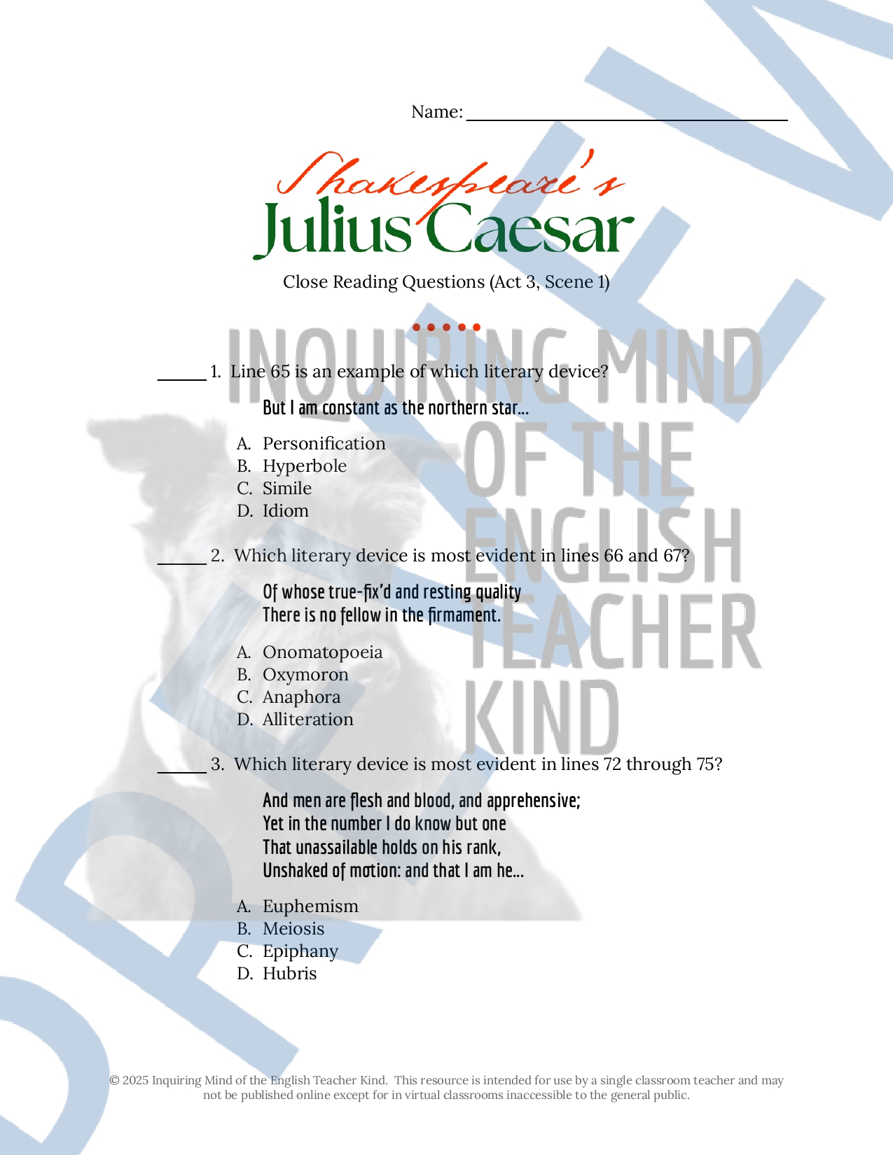 Julius Caesar Act 3 Scene 1 Close Reading Analysis Worksheet and Answer ...