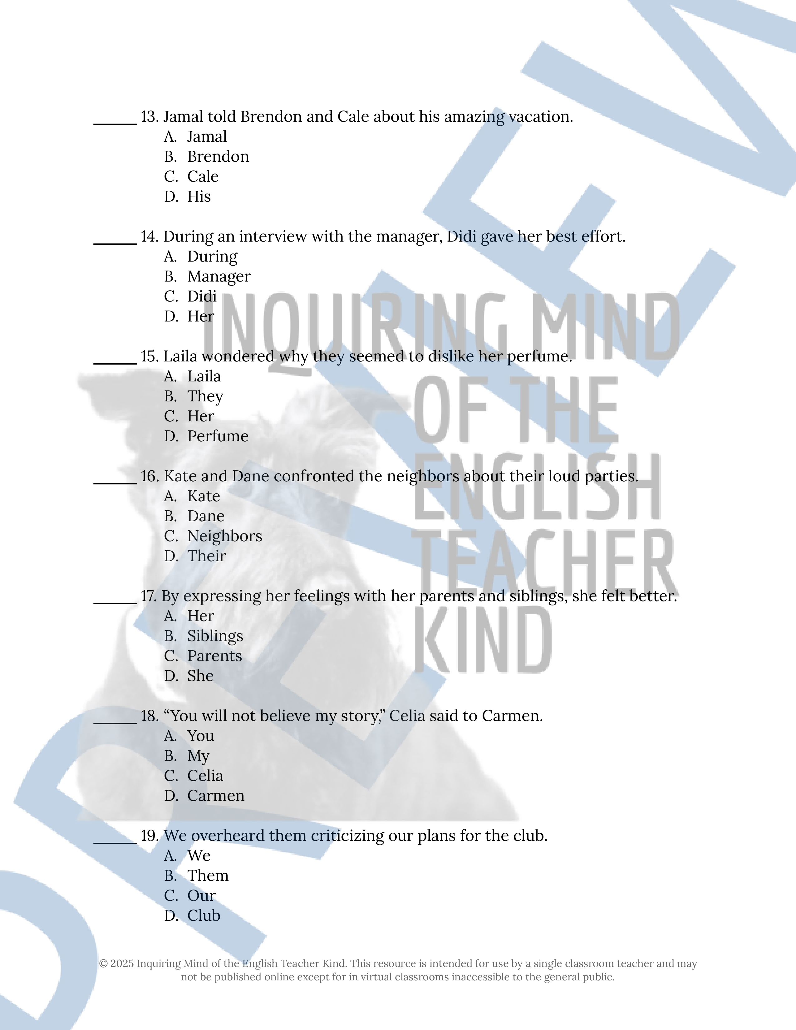Grammar Practice Worksheet on Identifying Antecedents of Pronouns ...