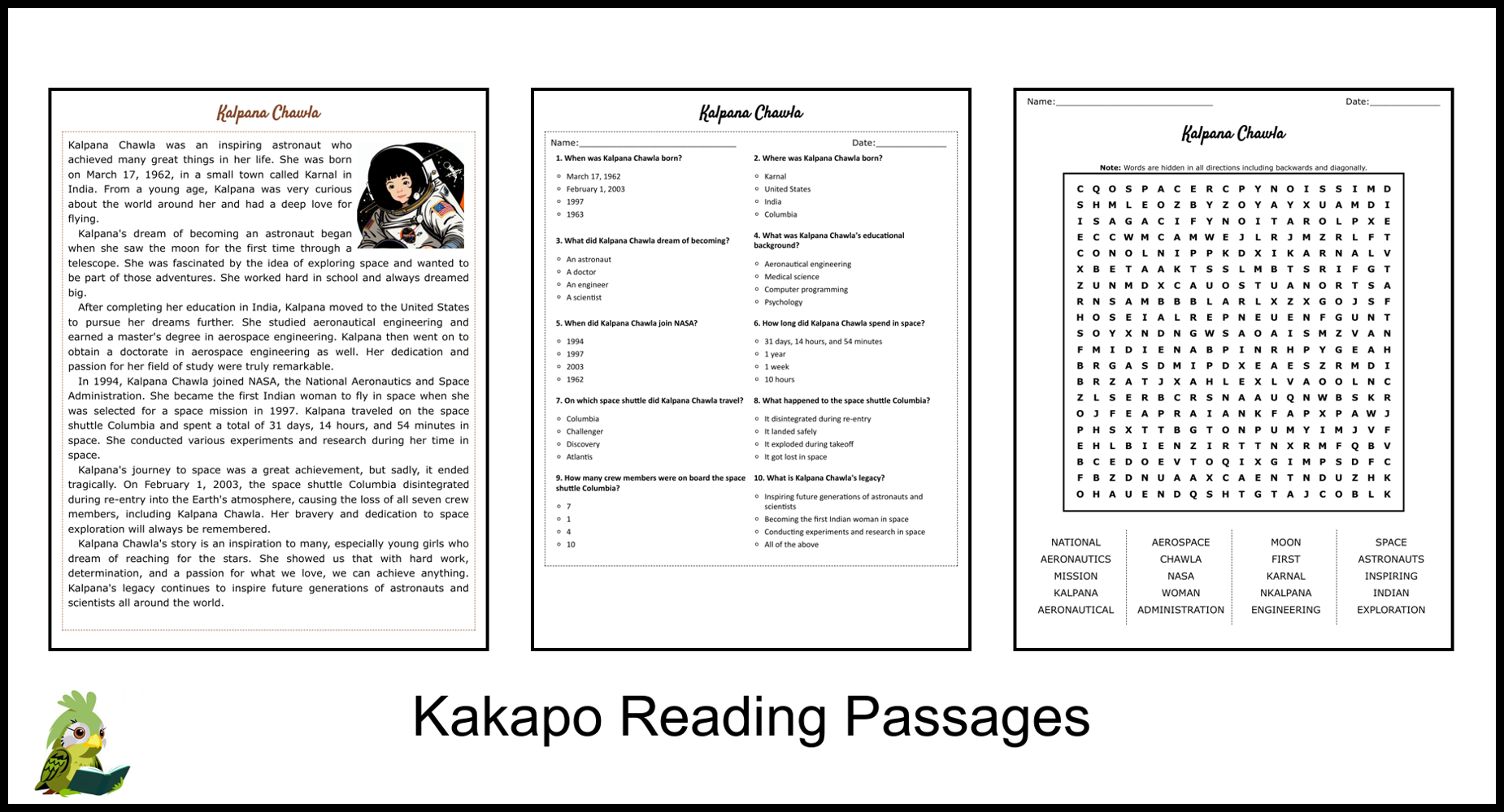 Kalpana Chawla Reading Comprehension and Word Search | Teaching Resources