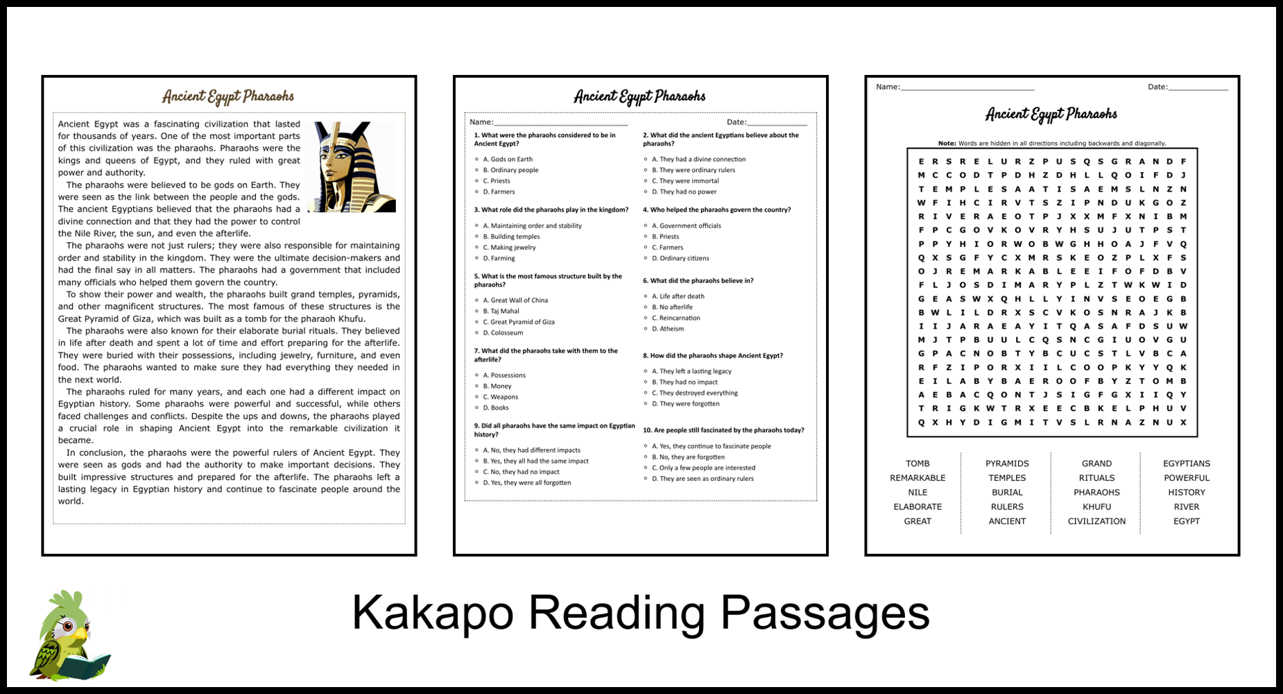Ancient Egypt Pharaohs Reading Comprehension and Word Search | Teaching ...